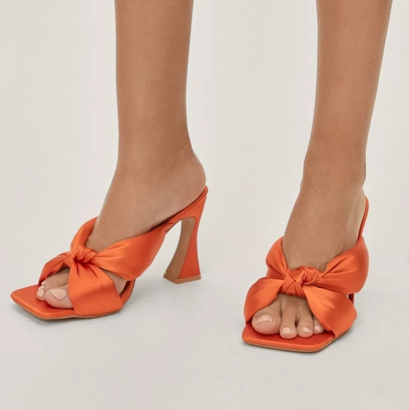 Nasty Gal | Shoes | Nasty Gal Bright Orange Puffy Satin Square Toe Mule Heels | Poshmark